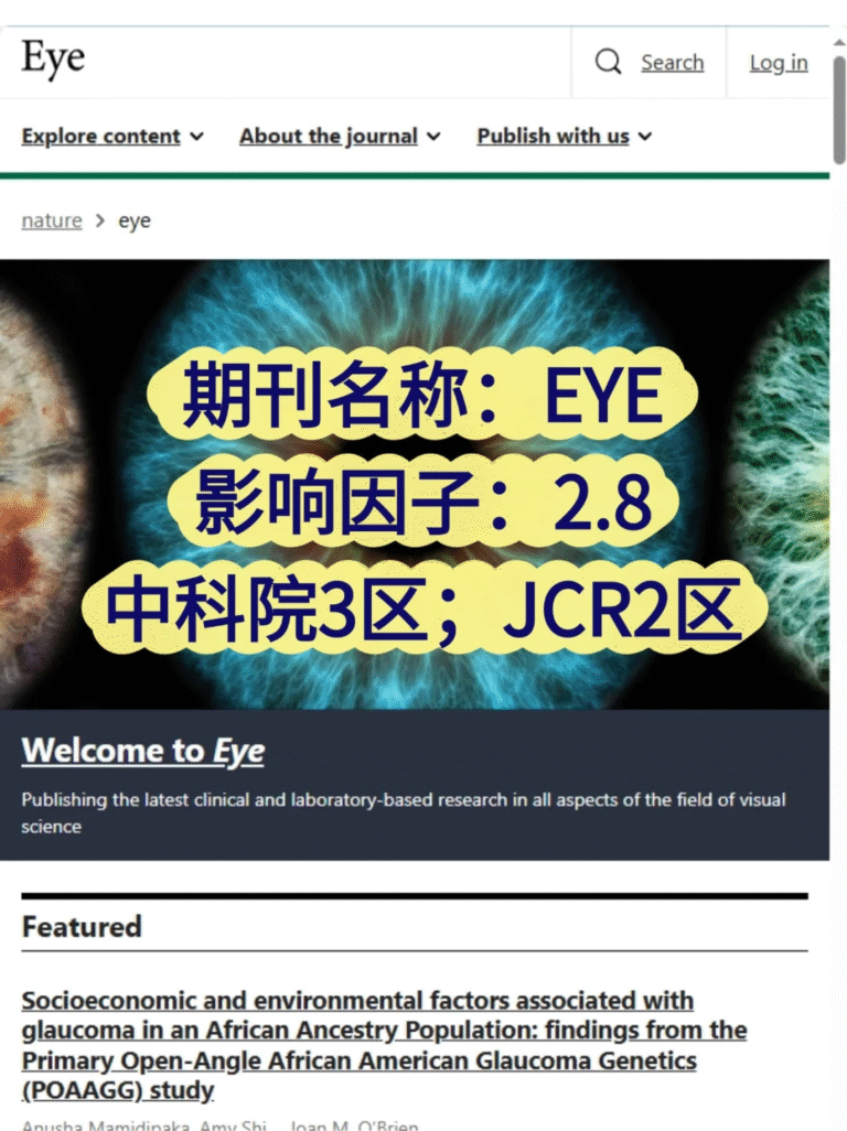 眼科中科院三区；JCR2区期刊推荐 - 光速医学SCI创作训练营 - 眼科学 - EYE期刊 - JCR2区 - 审稿周期